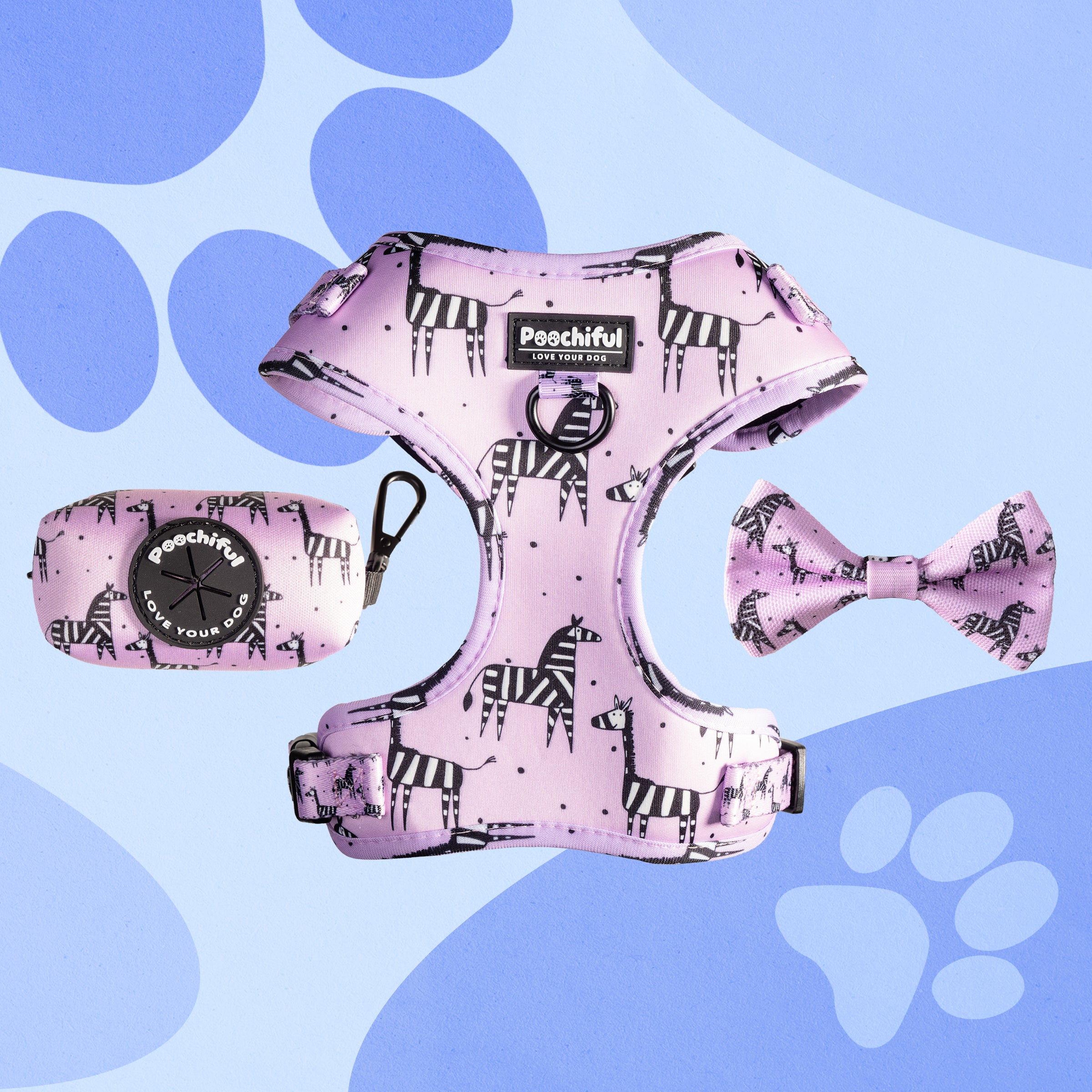 Adjustable Dog Harness Bundle - Zee Zee Zebra - Lilac Edition